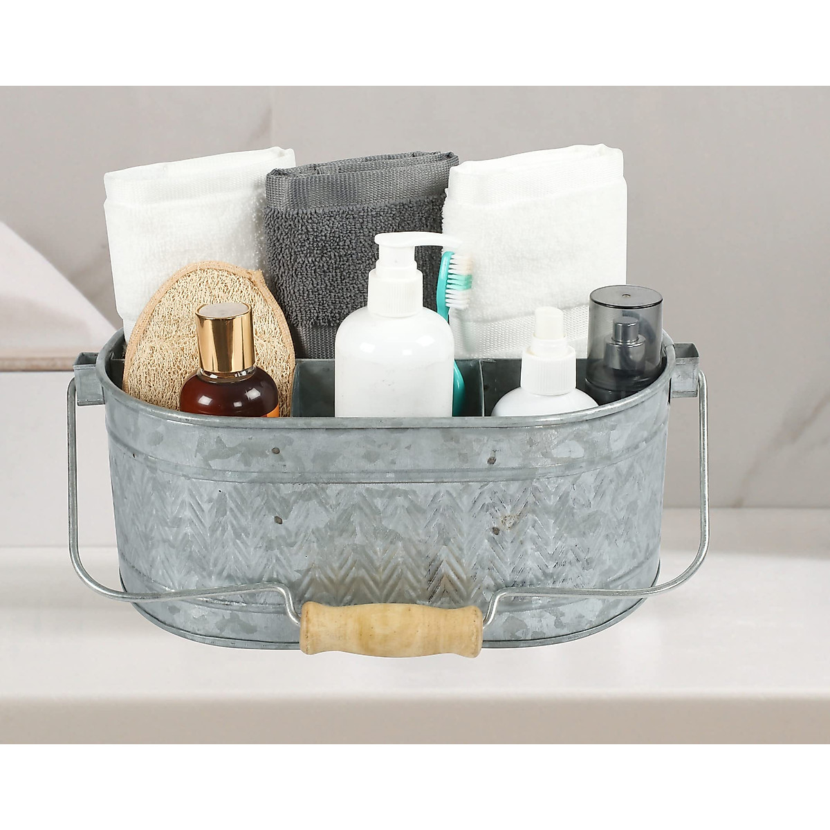 Rustic Fahmouse Galvanized Food Kitchen Utensil Holder, Picnic Drink Serveware Caddy, Multipurpose Vintage Storage Bin With Handle For Dining Table Bathroom Gardening- 12 Inch - Antique Silver