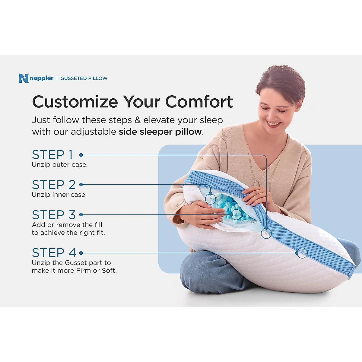 Nappler Side and Back Sleeper Pillow for Neck and Shoulder Pain Relief - Shredded Memory Foam Bed Pillow for Sleeping - 100% Adjustable Fill - Queen Size - Modal Washable Case. Extra Fill Included