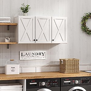 FIMELLO Wall Cabinet, Farmhouse Wall Mounted Cabinets for Kitchen Garage Laundry Storage, Medicine Cabinet with 3 Door and Shelves, White