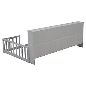 Twin Size Floor Bed with Bedside Bookcase and Shelves, Multifunctional Platform Bed with Guardrails, Wood Captain Bed with Storage Headboard, Low Floor Bed for Kids Teens (White * Twin,Guardrails)