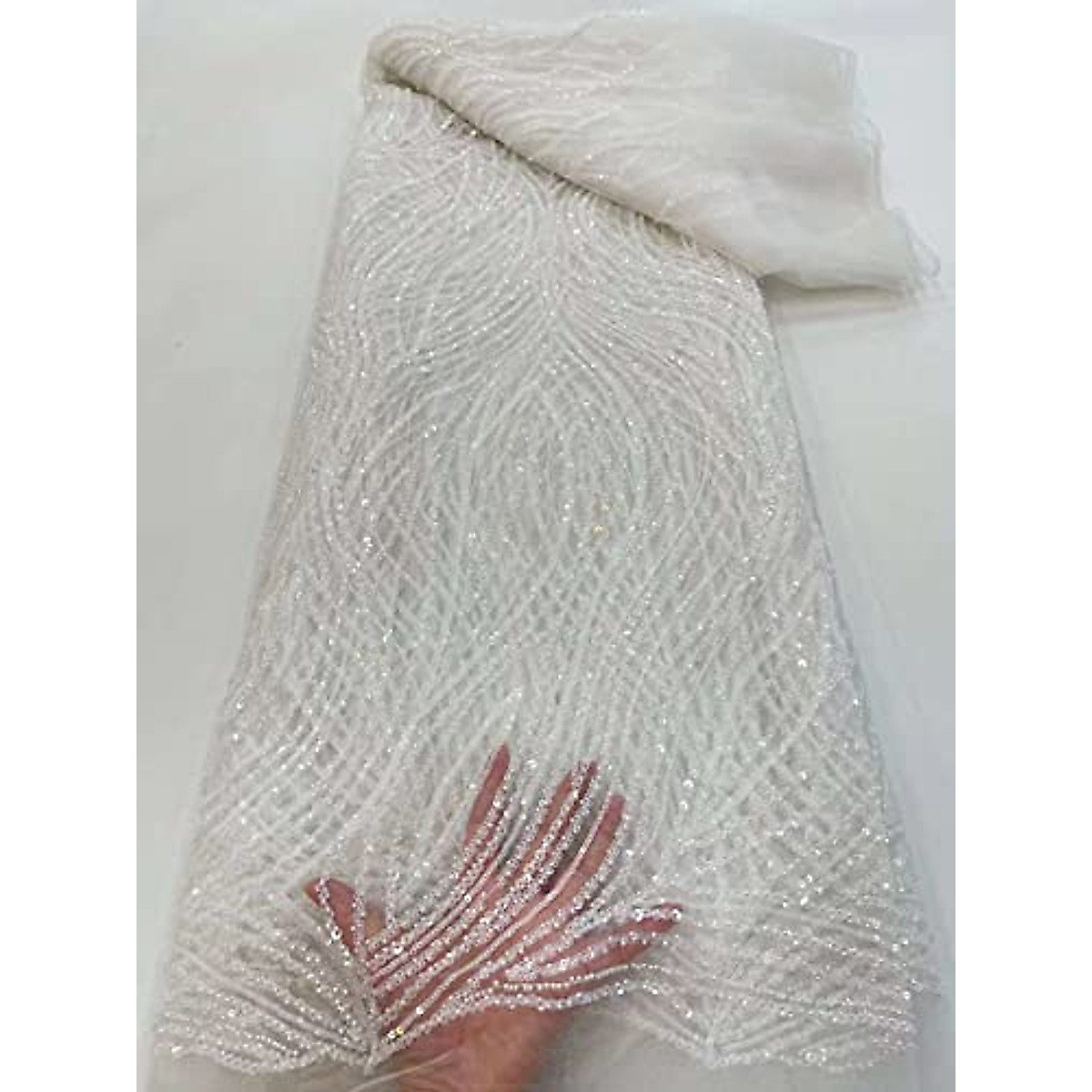 Sequins Stone French Mesh Lace Fabric 5 Yards Per Lot for Making Clothes African Net Lace Bridal Dress Material Beaded laces Fabric (White,5 yards)