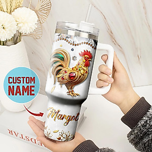 WAZONE Personalized A Chicken Tumbler 40oz with Handle and Straw Stainless Steel Jewelry Style Hen Rooster For Chickens Lovers Men Women Poultry Custom Gift Farm Animal