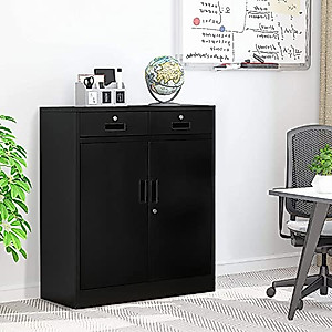 CJF Metal Storage Cabinet with 2 Doors and 2 Locking Drawers, Storage Cabinets for Office/Home/Garage 36.2" H x 31.5" W x 15.7" D (Black)