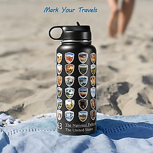 Beautsque 63 National Parks Water Bottle with Stickers,3D Printed,32 oz Travel Insulated Bottles with Straw, Stainless Steel