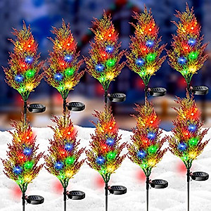 Treela 10 Pieces Christmas Solar Light Pine Xmas Solar Garden Stake Lights Decorations Outdoor Yard Multi-Color Flickering Lights for Patio Lawn Pathway Decorations, 31.1 Inches