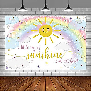 Sendy 7x5ft Rainbow Sunshine Baby Shower Backdrop A Little Ray of Sunshine is Almost Here Oh Baby Party Decorations Banner Cloud Bubble Gold Glitter Photography Background Cake Table Props Supplies