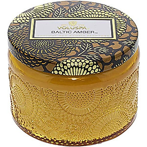 Voluspa Baltic Amber Candle | Petite Embossed Glass Jar | 3.2 Oz. | 25 Hr Burn Time | Vegan | Coconut Wax and Natural Wicks for Clean Burning