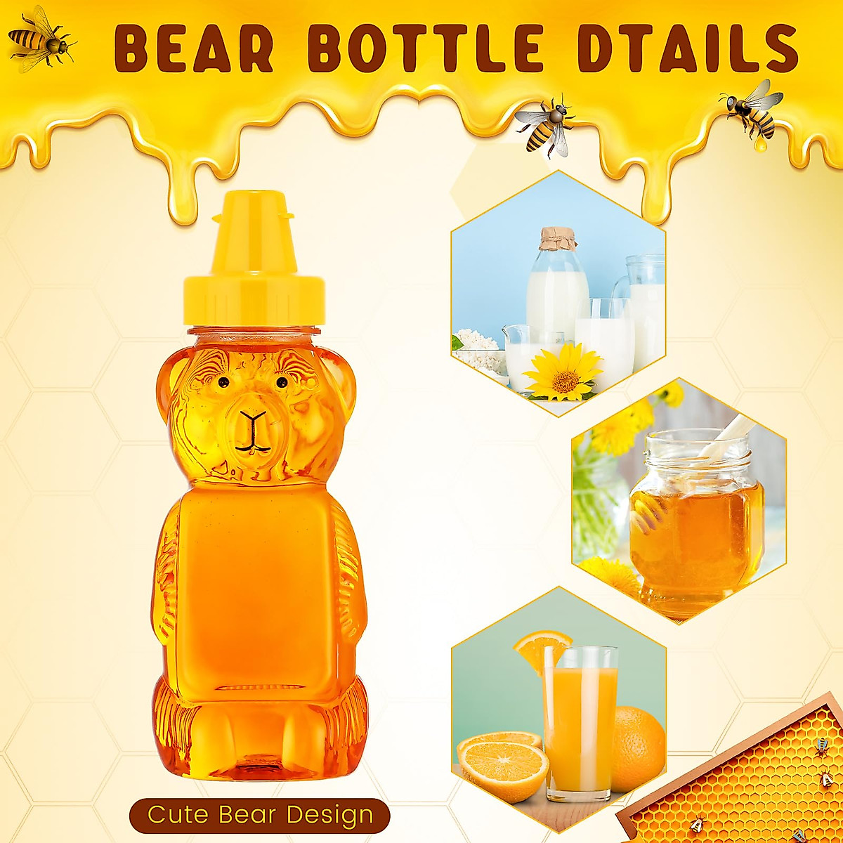 Hushee 72 Pcs 8 oz Plastic Honey Bear Bottle Empty Honey Squeeze Bottle with Spill Proof and Leak Resistant Lid Bear Juice Bottle Drinking Cup for Baby Shower Gifts, Beekeeping, Honey Dispensing