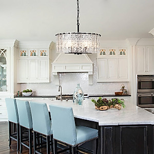 CWarmozy 19.7'' Luxury Black Chandelier for Dining Room 5-Light Modern Crystal Chandeliers Water Ripple Glass Light Fixture Elegant Ceiling Hanging Light for Kitchen Island Bedroom Living Room