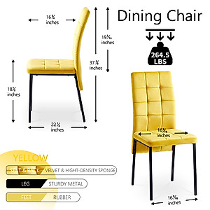 Velvet Dining Chairs Set of 4,Mid Century Modern Dining Room Chairs with Metal Legs,High Back Nordic Dining Chair Modern Fabric Chair for Living Room Kitchen Home Bedroom Vanity (Yellow)