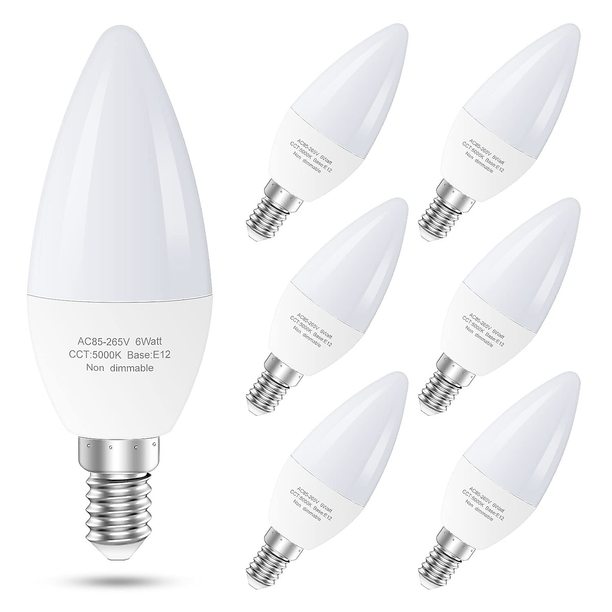6-Pack E12 LED Ceiling Fan Light Bulbs, 60 Watts Equivalent Candelabra LED Light Bulbs, Type B Light Bulb for Chandelier, Candle Lightbulbs, Non-Dimmable, 5000K Daylight, 6 Pcs
