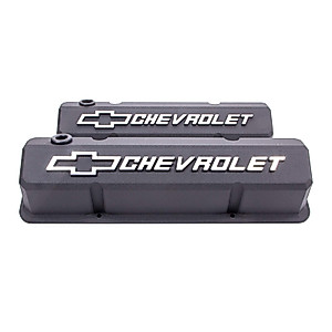 ProForm Valve Cover, Slant-Edge, Tall, Baffled, Breather Hole, Raised Chevrolet Bowtie Logo, Aluminum, Black Crinkle, Small Block Chevy, Pair