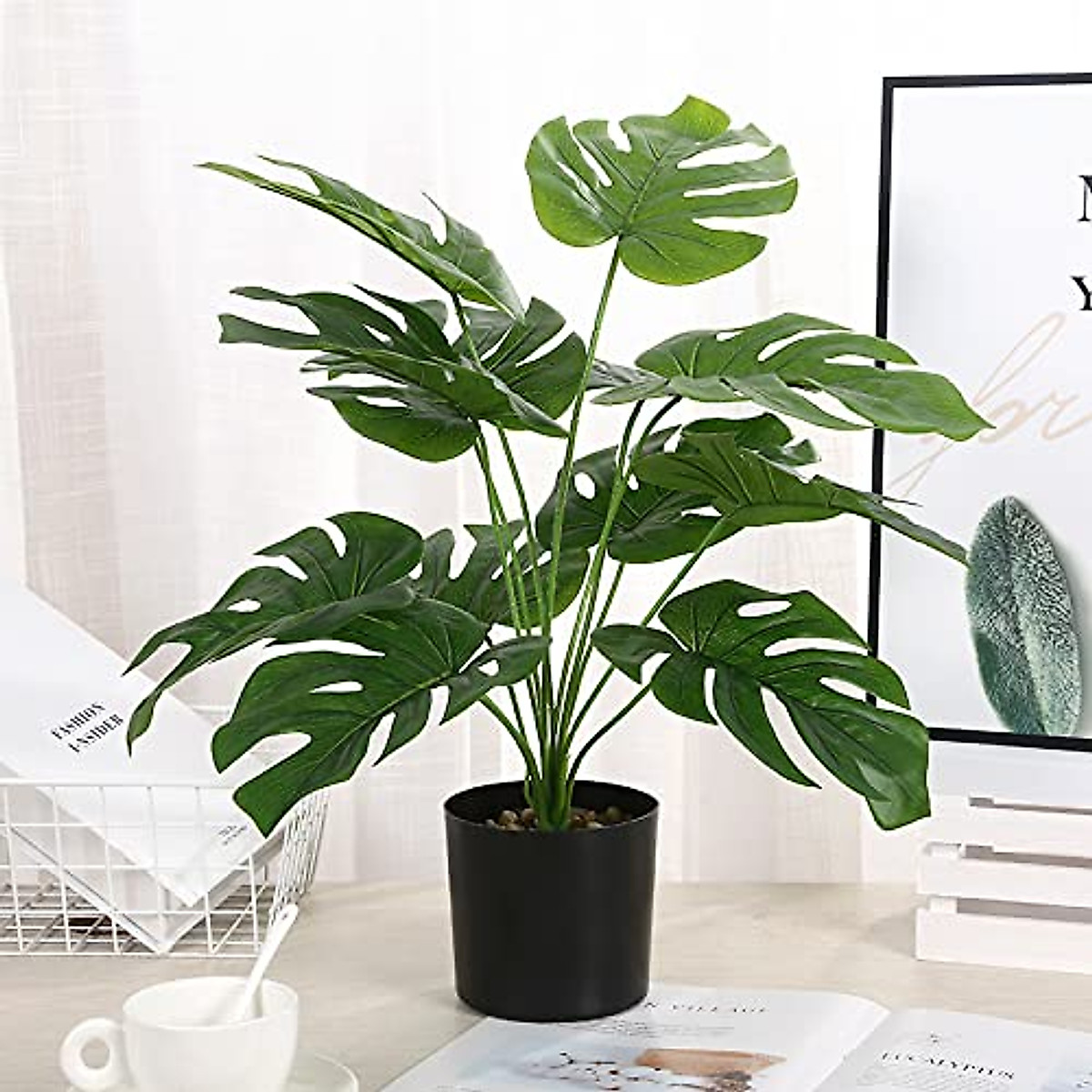 Hacaroa Artificial Monstera Deliciosa Plant with 12 Leaves, 23.5" Tall Faux Tropical Palm Tree Leaves in Black Pot, Plastic Swiss Cheese Plant Decorative Planter for Home Table, Office Desktop, Garden