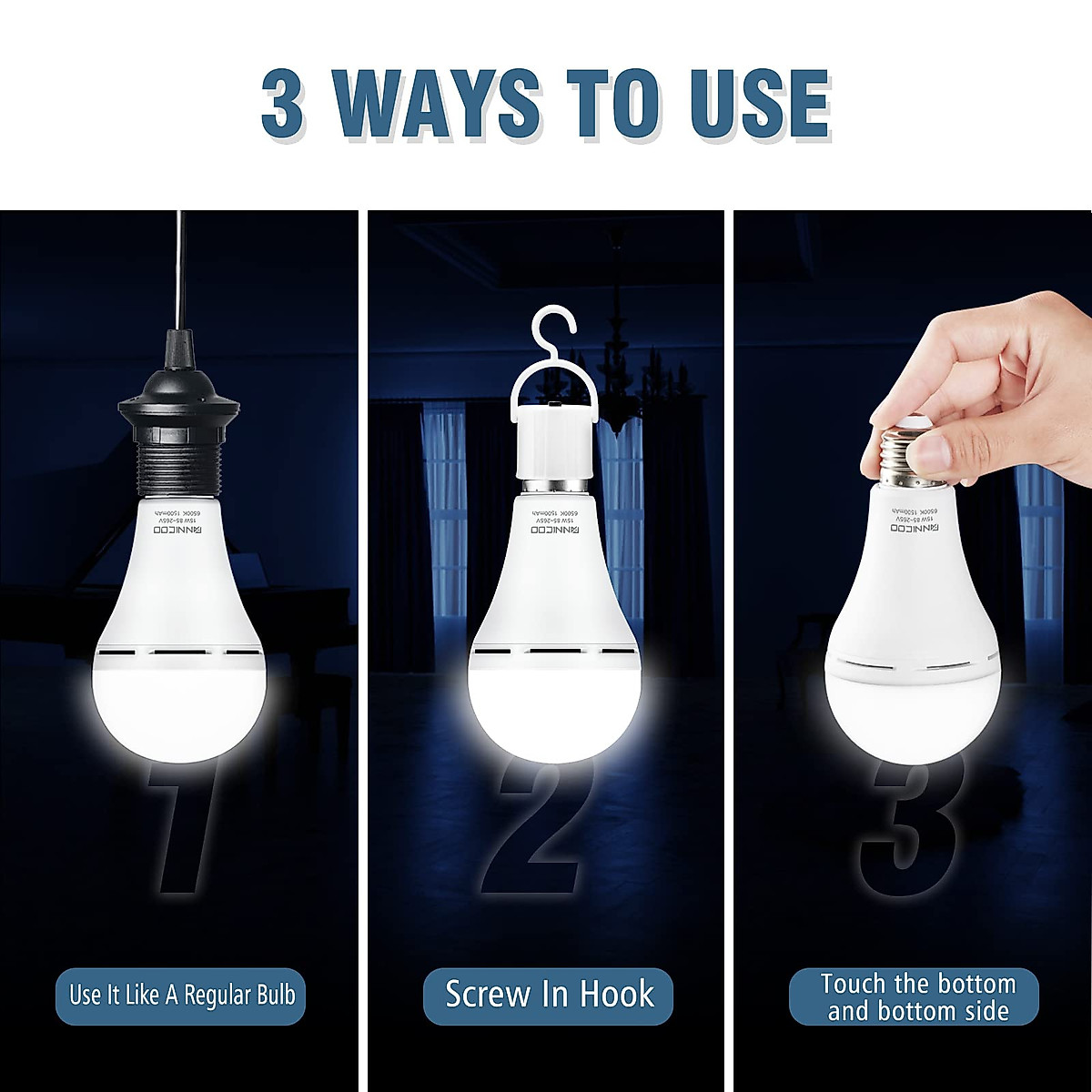 FanNicoo Rechargeable Emergency Light Bulbs LED Bulbs 1500mAh Battery Backup for Power Outage 15W 80W Equivalent 6500K Light Bulbs Widely Used in Home Camping Hiking (2 Pack Daylight)