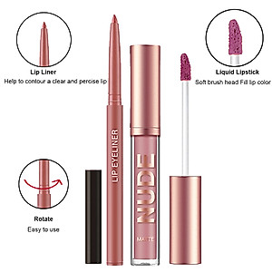 Rosarden 2Pcs Matte Lipstick and Lip Liner Set - Nude Lip Gloss and Lip Liner Set - Non-Stick Cup Waterproof Long Lasting Lipstick and Lip Liner Set -Velvety Cream Lipliner Lip Gloss MakeUp Set(#01)