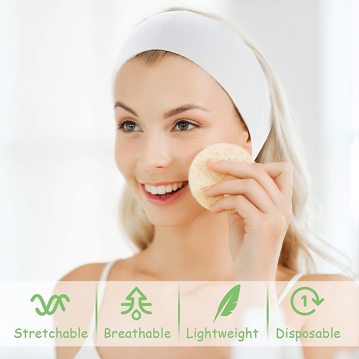 Juinte 300 Pcs Disposable Spa Facial Headbands Stretch Non Woven Spa Headbands Elastic Skincare Head Wraps Soft Skin Care Hair Band with Convenient Closure for Women Girl Makeup Salon Supplies (White)