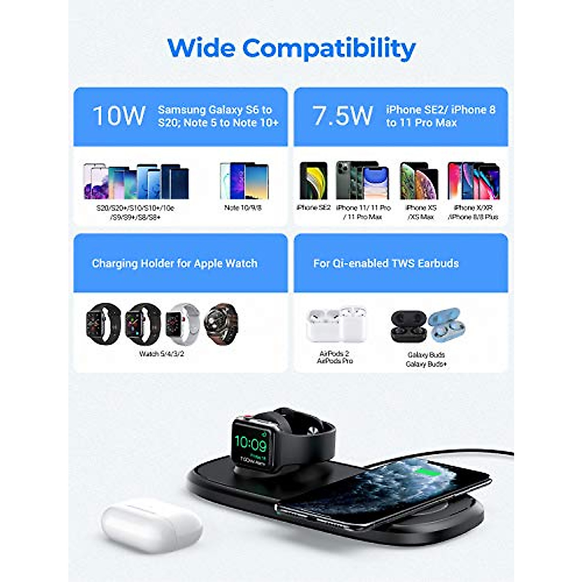 GINRGERS Wireless Charger,2 in 1 Charging Dock with iWatch Stand,iPhone Charger Compatible iphone13/12/11/X/XS Pro Max/ 8, 7/6/SE/5/4/3/2, Galaxy S21/S20/S10/S9/S8, Google, etc, Black