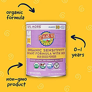 Earth's Best Organic Sensitive Baby Formula for Babies 0-12 Months, Reduced Lactose Powdered Infant Formula with Iron, Omega-3 DHA, and Omega-6 ARA, 32 oz Formula Container