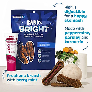 Bark Bright Durable Dental Kit - Berry Mint Flavored - 15 Chew Sticks & Toothpaste - Small Breeds