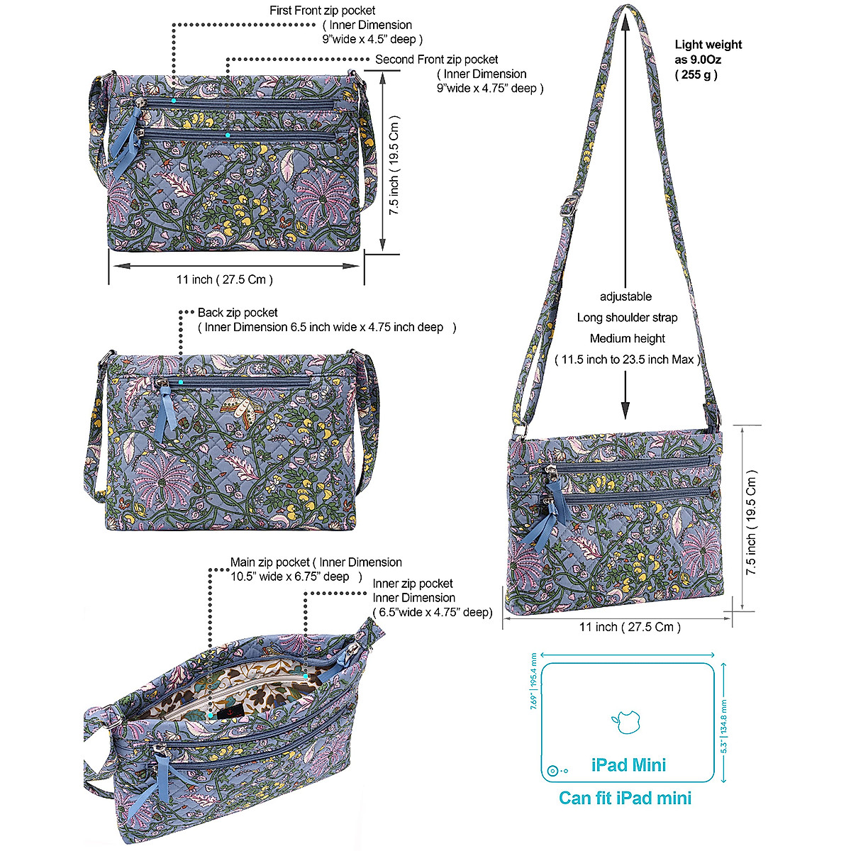 Brentano Cotton quilted Multi-zipper crossbody purse (BOHO WILDERNESS)