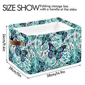 KEEPREAL Blue Butterflies Storage Basket Bin, Large Cube Storage Box Canvas Collapsible Storage Organizer for Home Office Closet - 15 L x 11 W x 9.5 H