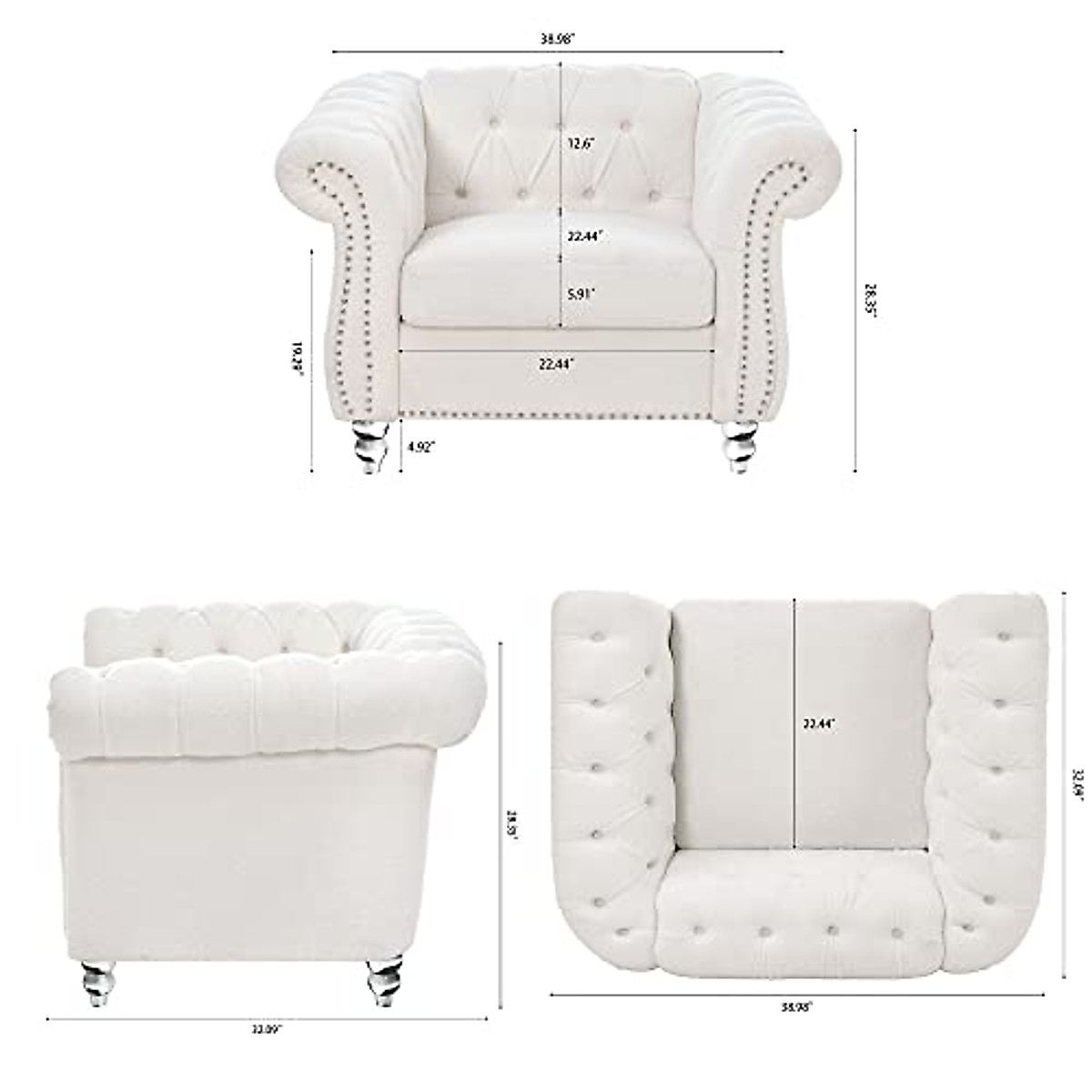 39" Chesterfield Single Sofa Chair Acrylic Crystal Leg Teddy Fabric Upholstered 1 Seater Sofa with Tufted Back,Roll Arm Settee Couches for Living Room Furniture (White + Polyester, Single Sofa)
