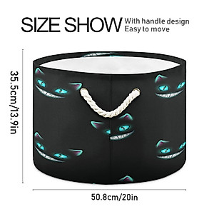 Kigai Cheshire Cat Texture Large Round Storage Basket with Handle, Collapsible Decorative Laundry Baskets for Blanket, Cotton Rope Organizer Toys Towels Nursery Hamper Bin, 20" x 14"