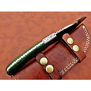 9.5" Hand Forged Damascus Steel Gut Hook Skinning Knife, Green Wood Scale with Damascus Bolster, Full Tang Blade Twist Pattern Drop Point Blade, Cow Hide Leather Sheath
