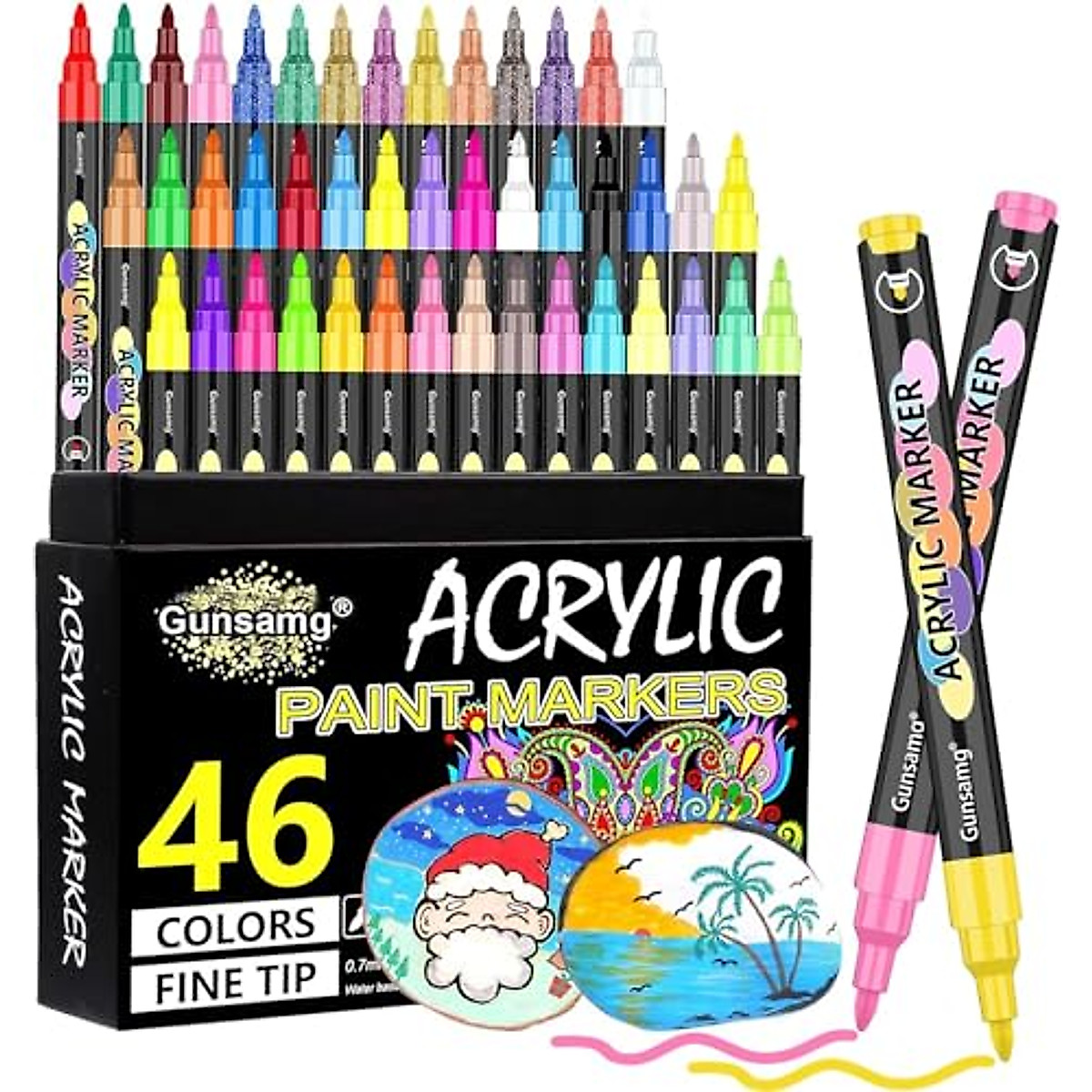 Gunsamg 46 Colors Acrylic Paint Pens Extra Fine Tip Acrylic Paint Markers For Rock Painting Ceramic Stone Wood Canvas DIY Crafts Card Making