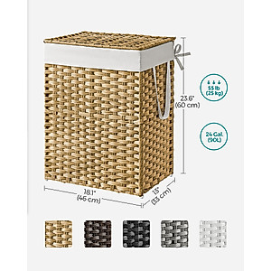 SONGMICS Laundry Hamper with Lid, 23.8 Gallon (90 L) Synthetic Rattan Clothes Laundry Basket with Lid and Handles, Foldable, Removable Liner, Goose Yellow ULCB51NL