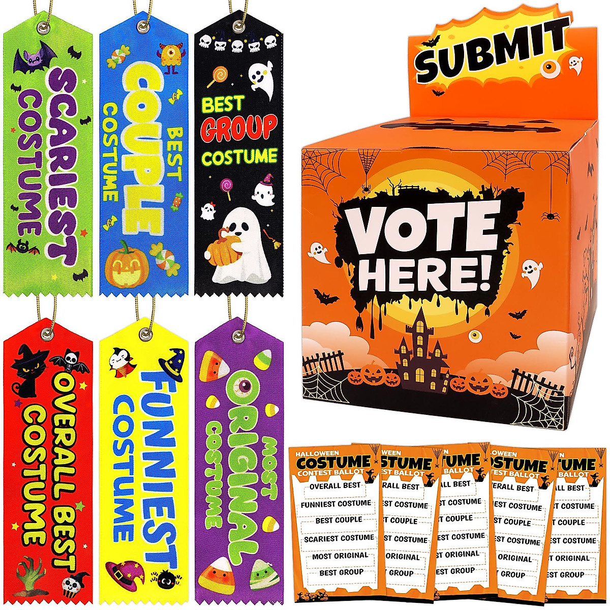 57 Pcs Halloween Party Costume Contest Ballot Set Voting Ballots Trophy Ribbons Halloween Costume Contest Awards Halloween Party Favors for Kids Adults
