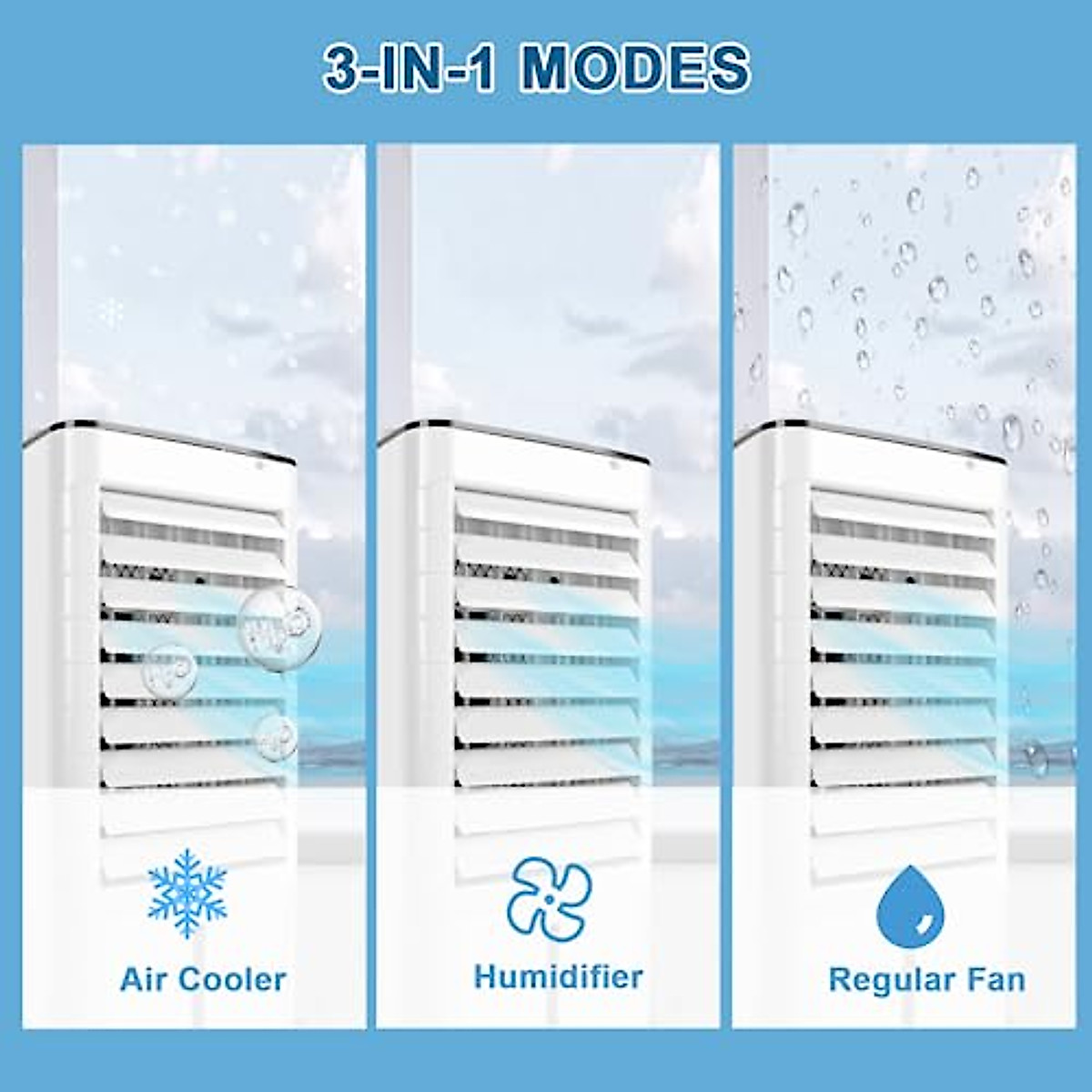 Evaporative Air Cooler,3-IN-1Portable Air Conditioners and Windowless Room Cooler Humidification-Ice Packs-12 Hour Timer-Remote Control,Ideal for Home, Office, Bedroom, Kitchen,School,Garage (‎‎Pearl White)