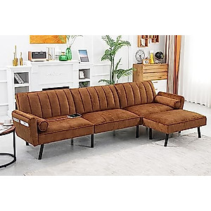 DURASPACE Velvet Sectional Convertible Sofa with Chaise, 107" L Shape Sectional Sofa Couch with USB, Split Back Folding Futon Couch for Living Room (Caramel Brown)