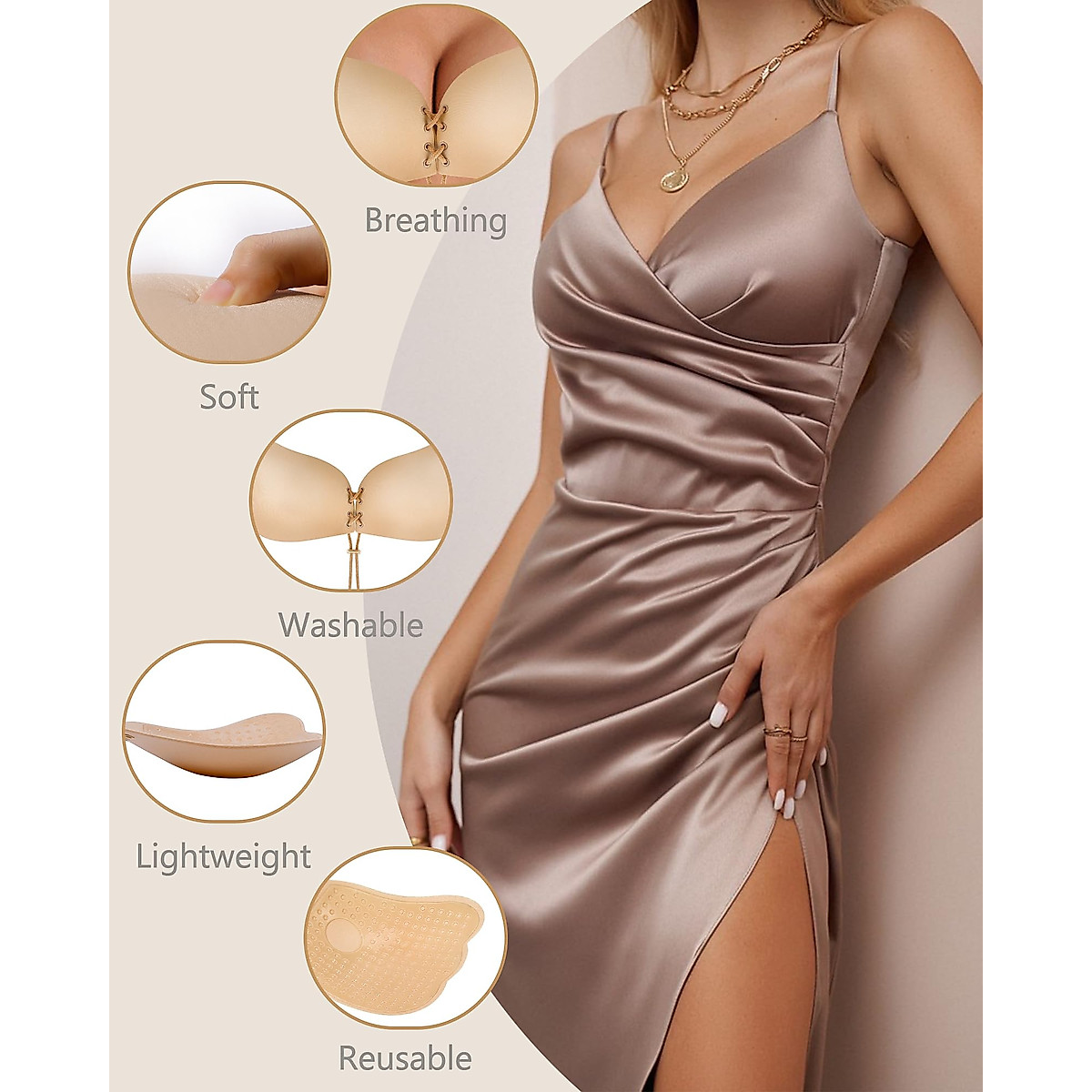 Cmojsk Sticky Bra, Backless Strapless Bra Push Up, Adhesive Invisible Lift Up Bras 2 Pairs Black/Beige