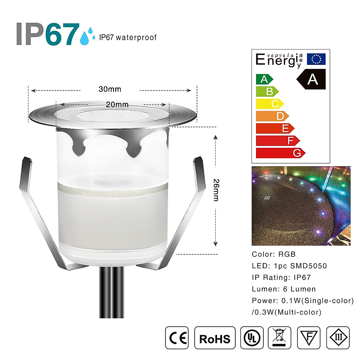 QACA WIFI Controlled LED Deck Lights Multi Color Outdoor IP67 Waterproof Φ1.18"Low Voltage Step Lights In-Ground Lights, Smart Phone APP Controlled, Compatible with Alexa Echo and Google Home, 10 Pack