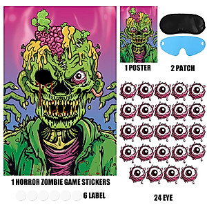Hxezoc Pin The Eyeball On The Zombie Game with 24 Pcs Eyeballs Stickers, Halloween Pin The Tail Scary Zombie Party Games for Kids Halloween Party Birthday Party Supplies