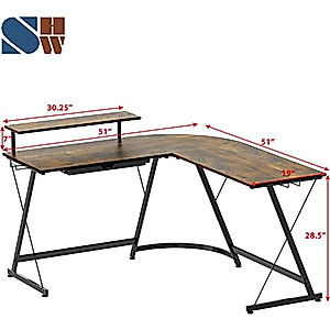 SHW Vista L Desk with Monitor Stand Drawer, Rustic Brown