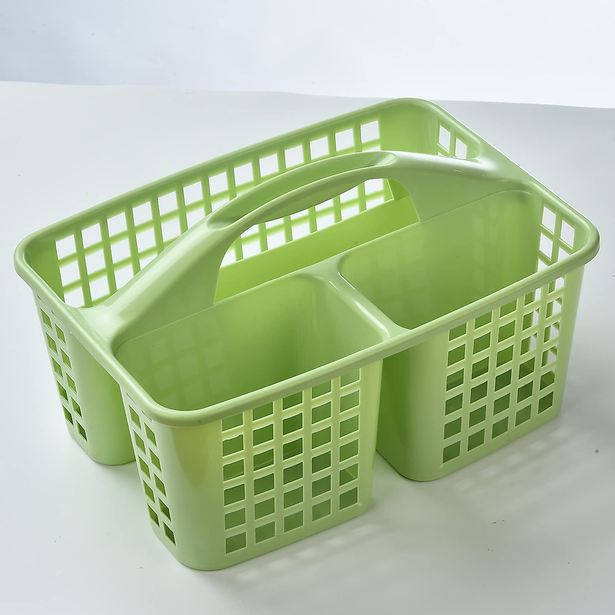 ALINK Plastic Shower Caddy Basket with Compartments, Portable Divided Cleaning Supply Storage Organizer with Handle for College Dorm Bathroom - Green