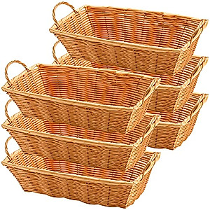 Yesland 6 Pcs Poly Wicker Bread Basket with Handle, 14 Inch Rectangular Imitation Rattan Fruit Storage Baskets - Stackable Empty Gift Basket for Vegetables, Food Serving, Display, Outdoor, Brown