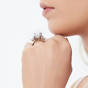 BERRICLE Sterling Silver 3-Stone Wedding Engagement Rings Emerald Cut Cubic Zirconia CZ Statement Cocktail Anniversary Ring for Women, Rhodium Plated Size 7