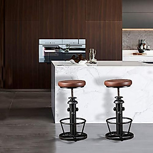 Topower American Antique Industrial Round Bottom Adjustable Height Cafe Coffee Retro Vintage Stylish Water Pipe Design Pub Kitchen Bar Stool (Silver, PU Leather Top)