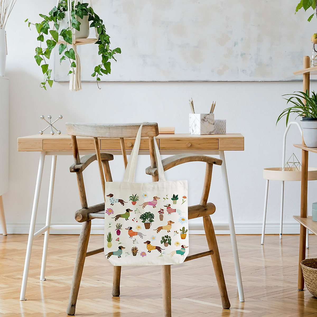 Canvas Tote Bag, Book Tote Bag, Dachshund Tote Bag, Potted Plant Lover Gift, Funny Tote Bag, Library Tote, Reusable Grocery Shopping Bag, Library Shoulder Bag For Women Pet Lover Friend Bookworm B(01)