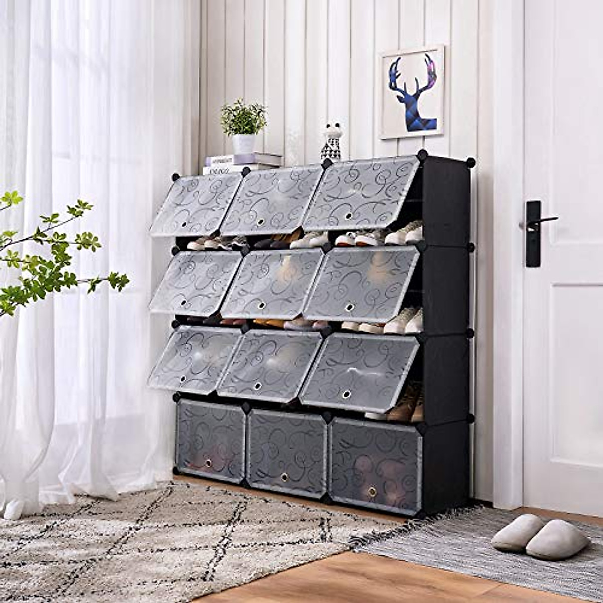 YOUDENOVA Portable Shoe Rack Organizer, 48-Pair Tower Shelf Storage Cabinets, Plastic Shoe Organizer for Entryway, Expandable for Heels,Boots,Slippers