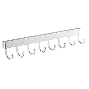 NC Kitchen Towel Hook Self Adhesive Installation,with 8 Slide Hooks, Kitchen Must Haves,Door,Key,Bathroom Coat Rack Hook Space Aluminum Wall Bathroom Hat Hook.(15.75 inch with 8 Hook, Silver White)