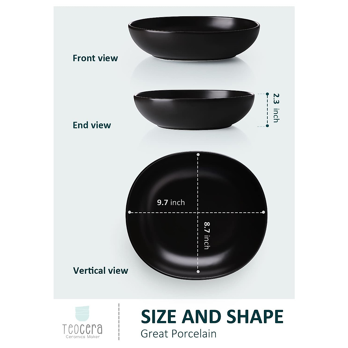 Teocera Pasta Bowls, Salad Bowls Set, Large Serving Bowls, 50 Ounce Porcelain Matte Black Bowls Set of 4 - Square Design, Microwave Dishwasher Safe