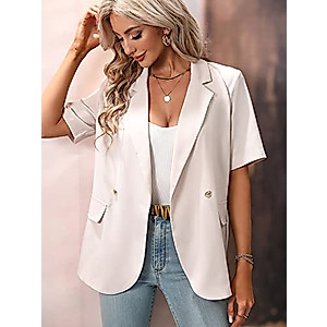 SweatyRocks Women's Casual Lapel Neck Pocket Blazer Short Sleeve Button Down Work Office Blazer Jacket Apricot S