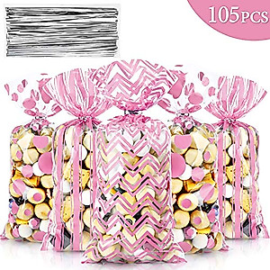 105 PCS Baby Shower Cellophane Treat Bags, Gender Reveal Candy Bag Polka Dot Stripes Printed Plastic Goodie Favor Bags with 100 Silver Twist Ties for Christmas Birthday Party Decor(Light Pink)