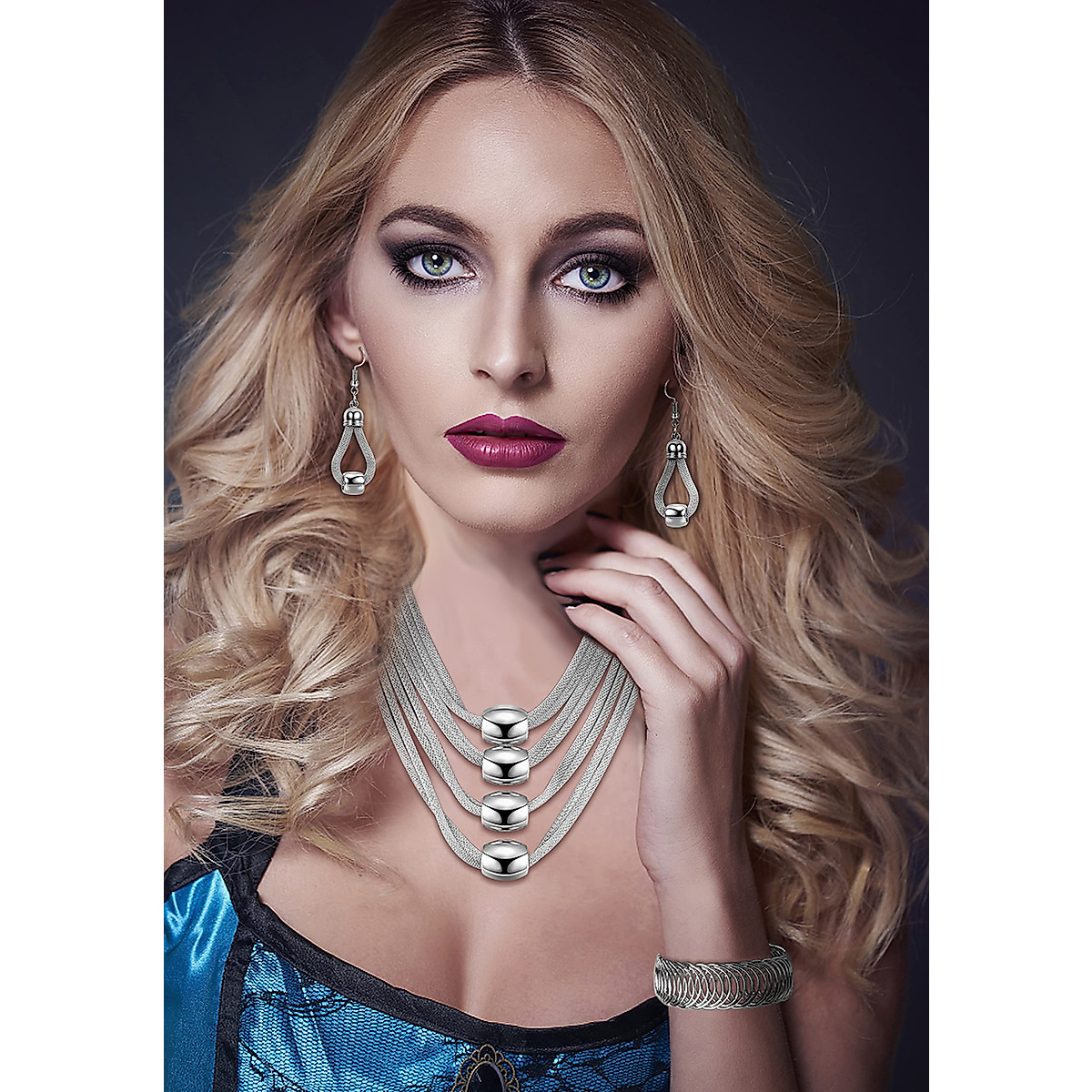 JOERICA 3Pcs Multi-Layer Bib Necklace African Jewelry Set for Women Choker Necklace Stretch Cuff Bracelet Dangle Earrings Halloween Costume Jewelry Set