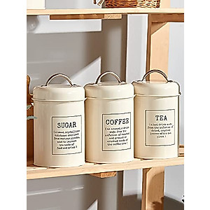 schonee Beige Kitchen Canisters, Rustic Farmhouse Canisters Set for Dry Food Storage, Metal Countertop Storage Jar, Set of 3 Coffee Sugar Tea Storage Containers(Set of 3 (Ivory White))