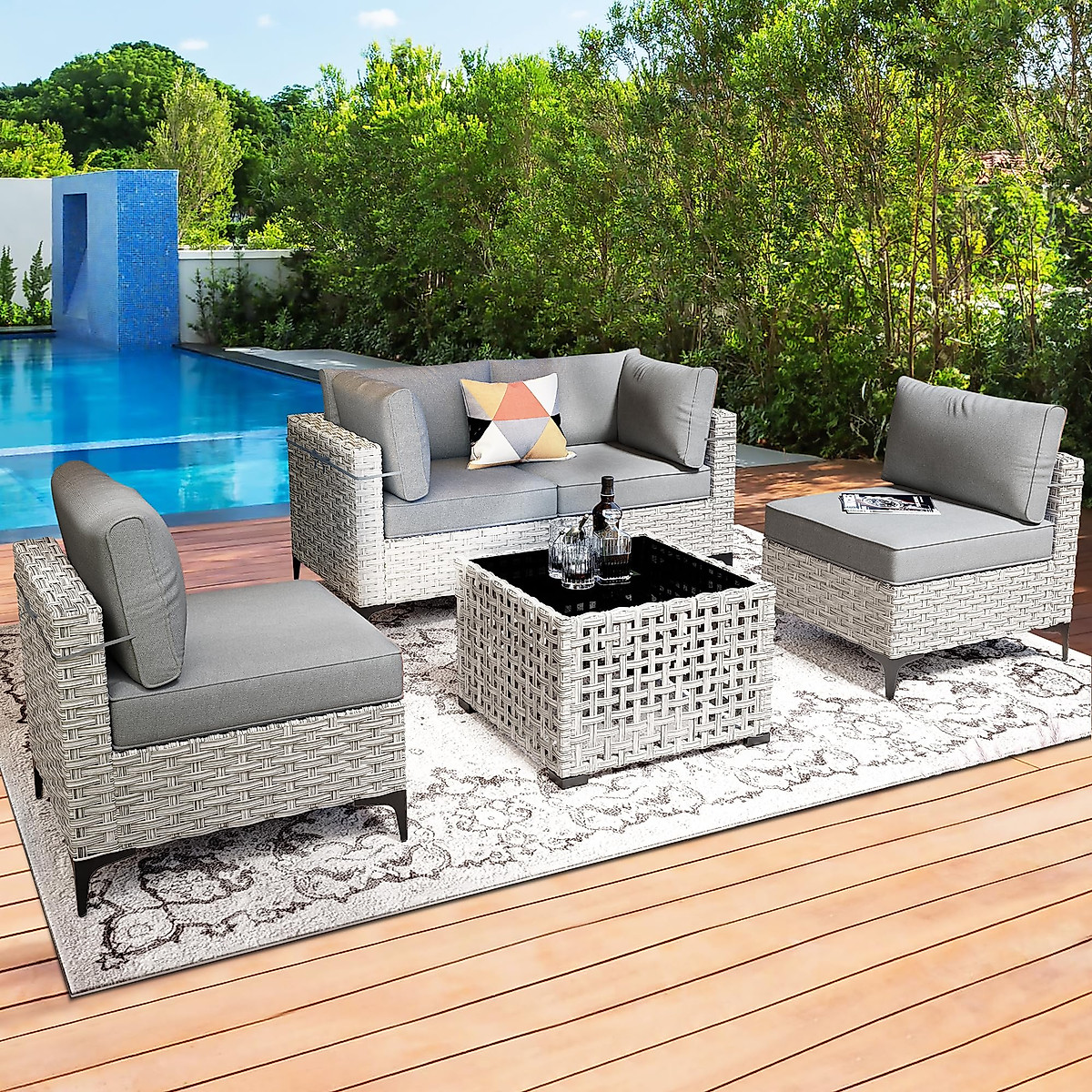 XIZZI Wicker Patio Furniture Set,Outdoor Rattan Modular Sectional Sofa,Outside Coversation Set with Solar Coffee Table for Porch Balcony Backyard Deck Poolside (Grey, 5Pcs Set)